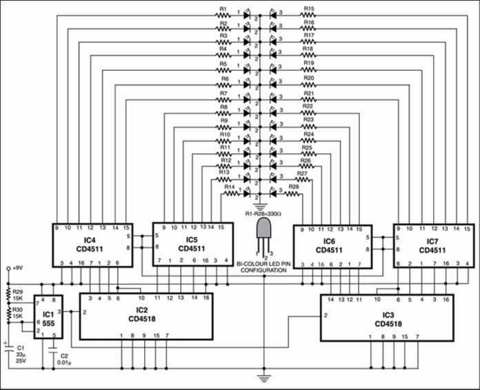 DIY Bi-Colour LED Dancing Light Circuit with 555 Timer