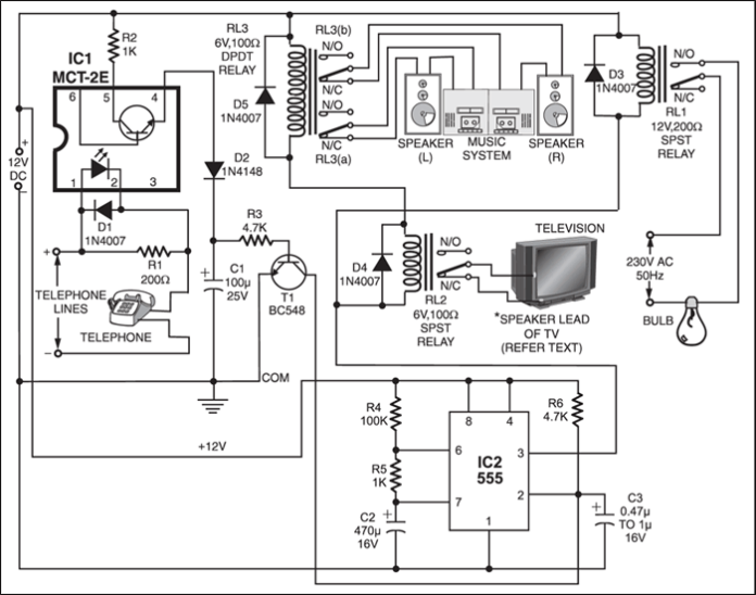 Telephone Line Based Audio Muting and Light-on Circuit