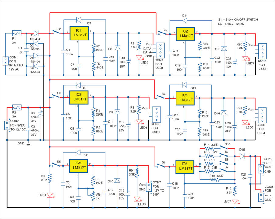 Power Supply Hub With Battery Charger, Quad-USB & Variable Outputs