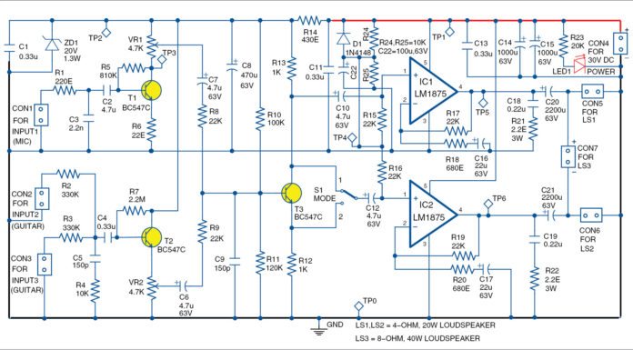 Simple Two Channel Amplifier For Microphone And Guitars