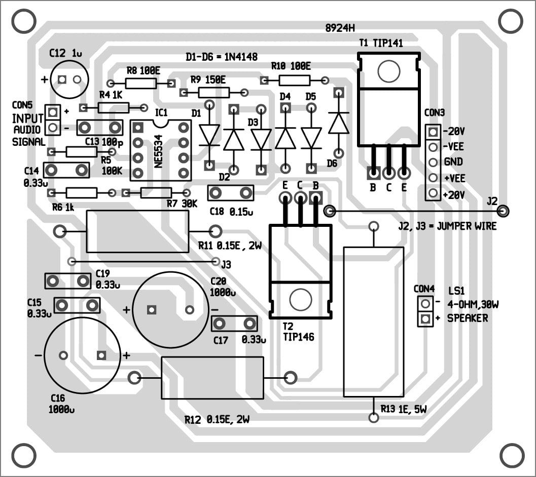30W Audio Amplifier Using NE5534 & Darlington Transistors