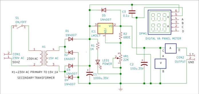 Power Supply With Digital Volt-Amp Panel Meter